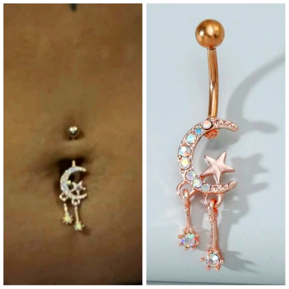 None | Jewelry | Rose Gold Colored Crescent Moon Belly Ring With Dangle ...